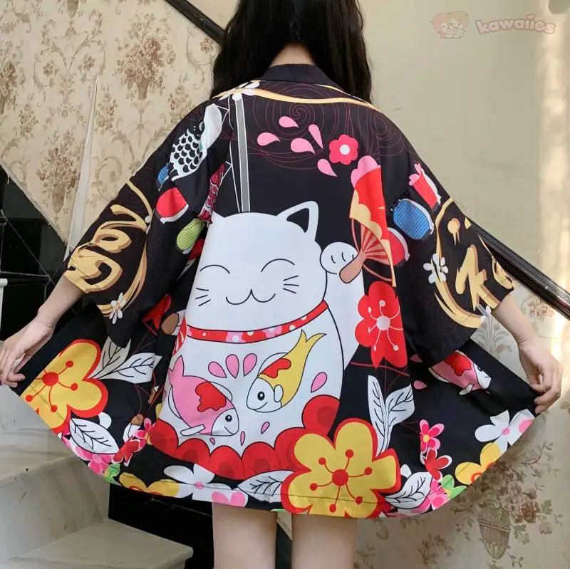Japanese-themed Red Black Lucky Cat Kimono – Kawaiies