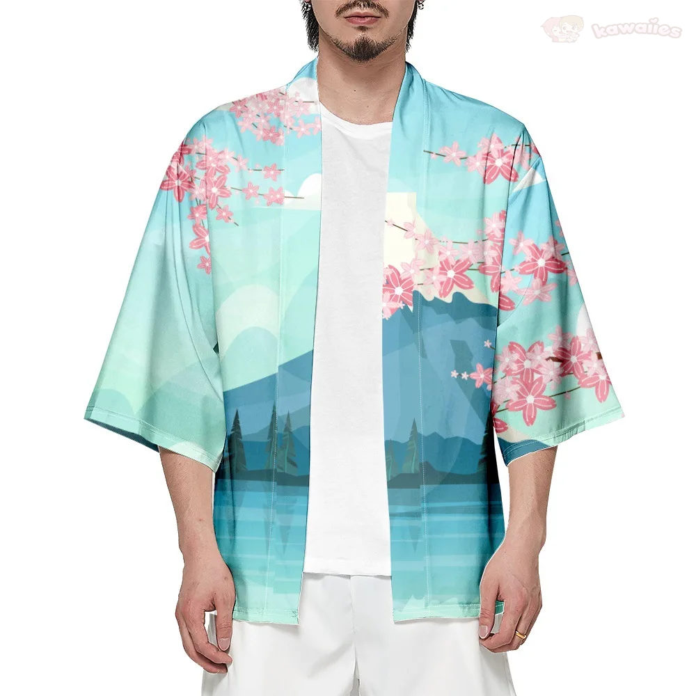 Japanese-themed Mount Fuji Sakura Blue Unisex Kimono – Kawaiies