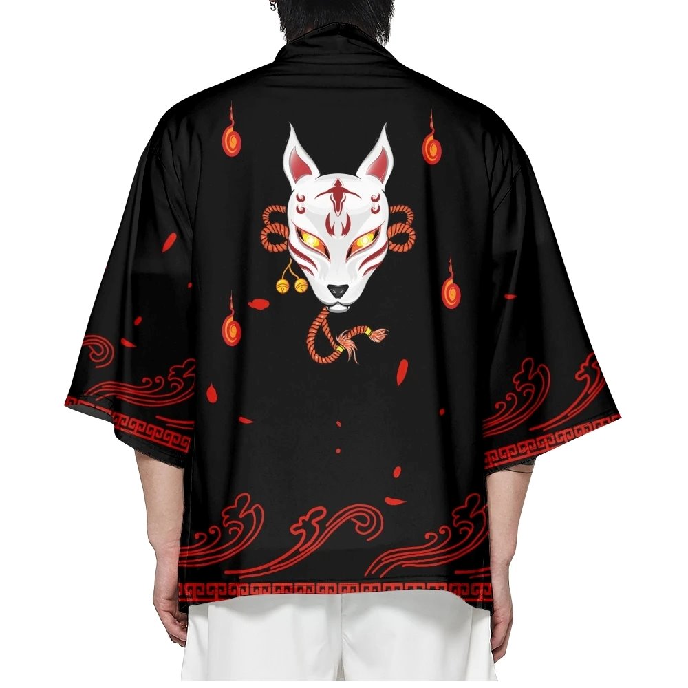 Anime White Fox Mask Black Red Unisex Kimono – Kawaiies