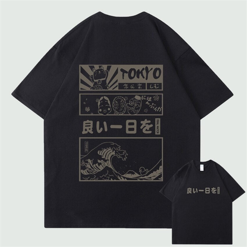 Japanese Kanji Wave Masks Lucky Cat Cotton Tee Set 1 – Kawaiies