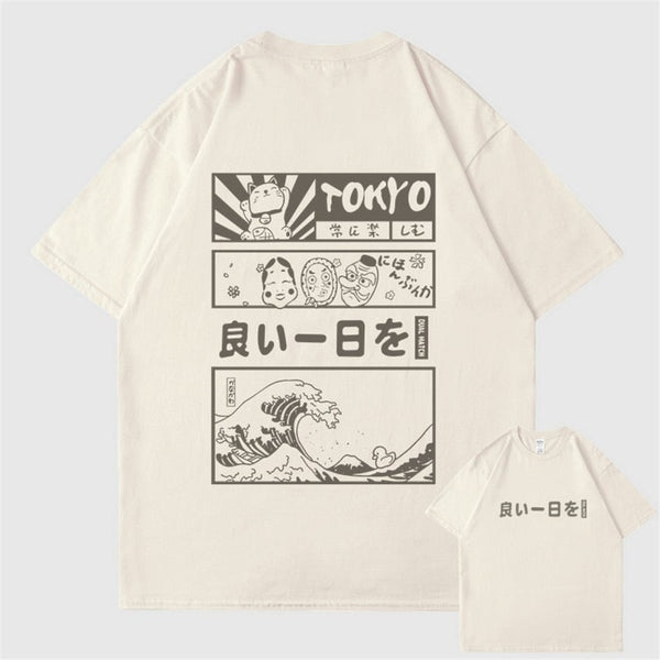 Japanese Kanji Wave Masks Lucky Cat Cotton Tee Set 1 – Kawaiies