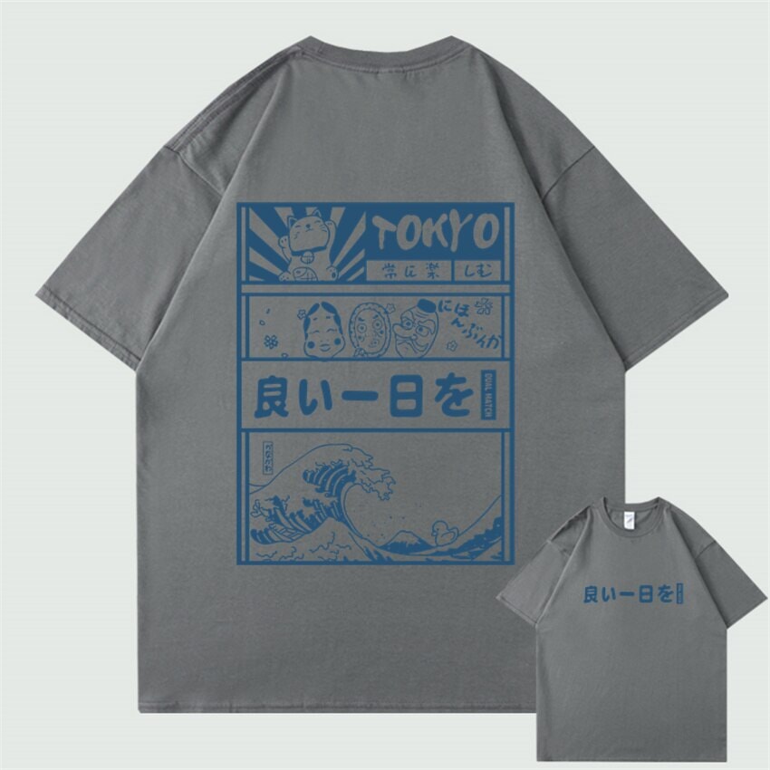 Japanese Kanji Wave Masks Lucky Cat Cotton Tee Set 1 – Kawaiies
