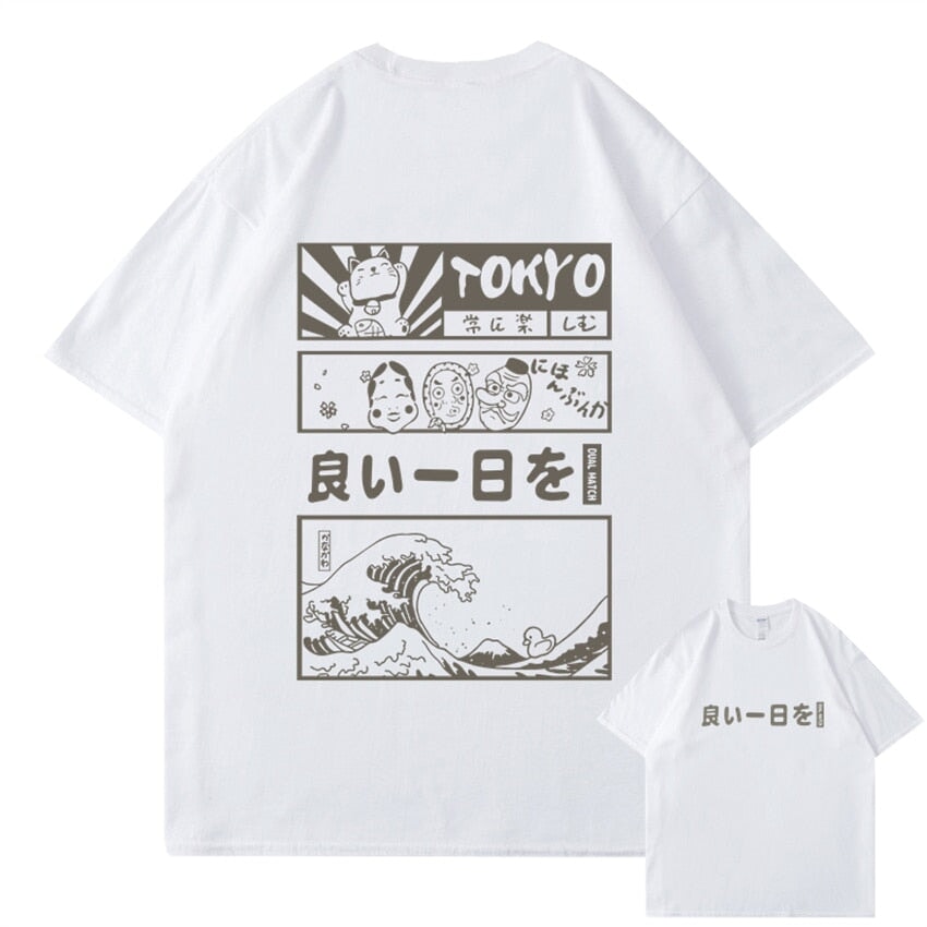 Japanese Kanji Wave Masks Lucky Cat Cotton Tee Set 1 – Kawaiies