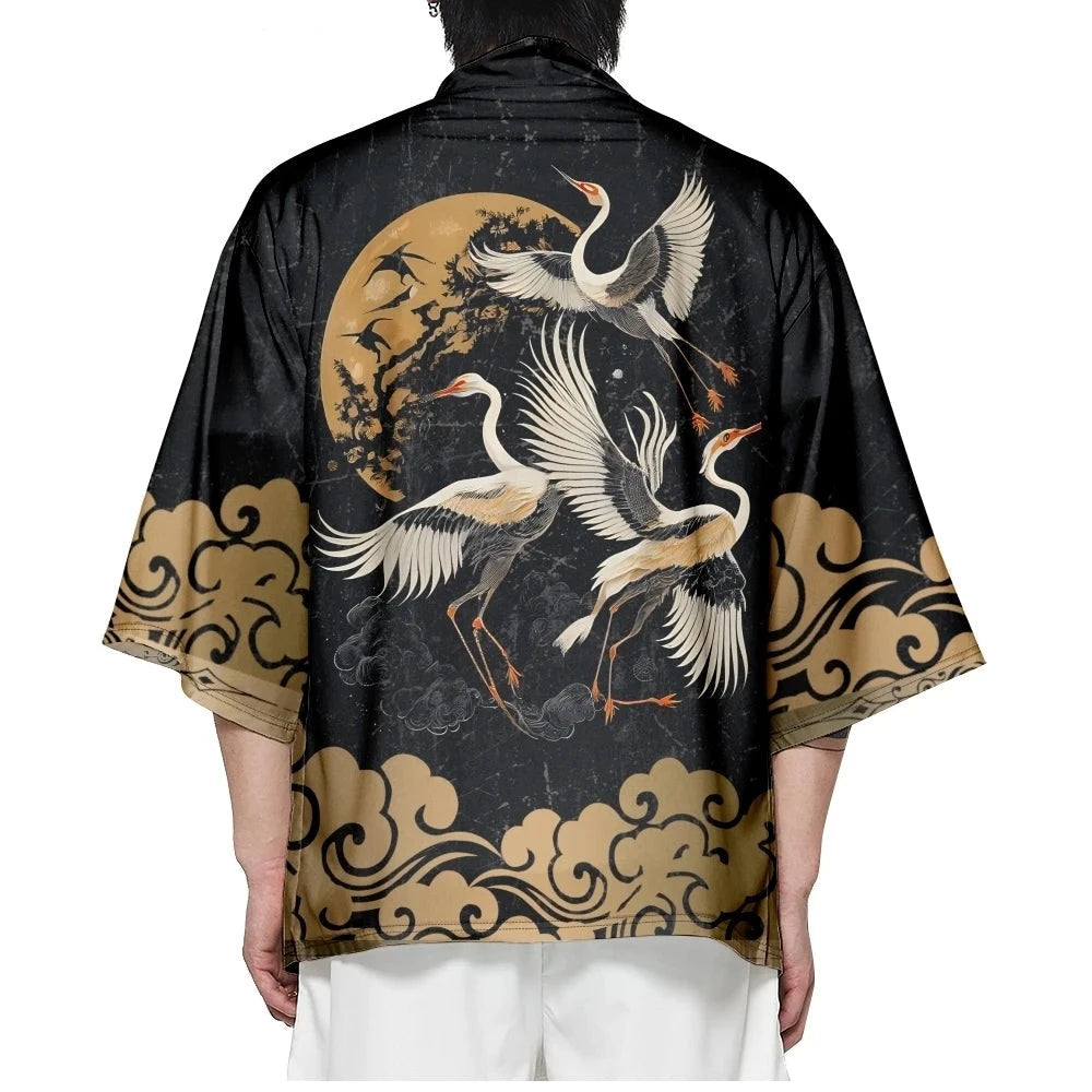 Japanese-themed Crane Print Black Gold Unisex Kimono – Kawaiies