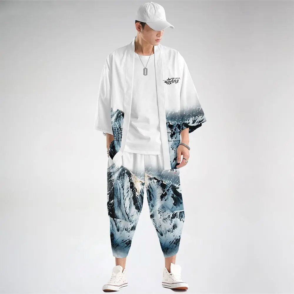 Japanese-themed Glaciar Mountains Two-Piece Kimono Yukata Top & Pants ...