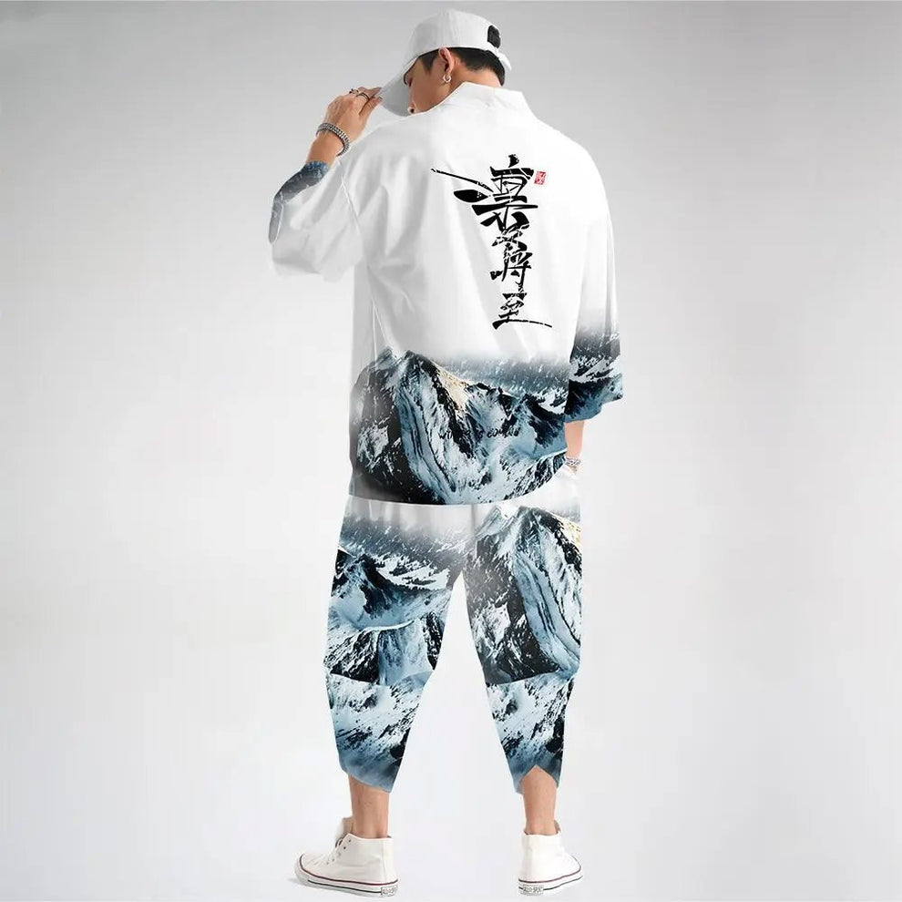 Japanese-themed Glaciar Mountains Two-Piece Kimono Yukata Top & Pants ...