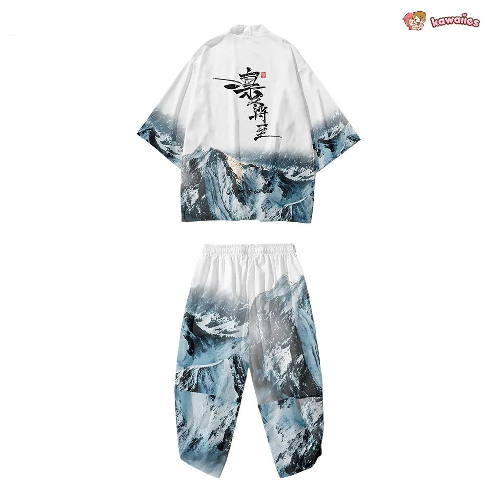 Japanese-themed Glaciar Mountains Two-Piece Kimono Yukata Top & Pants ...