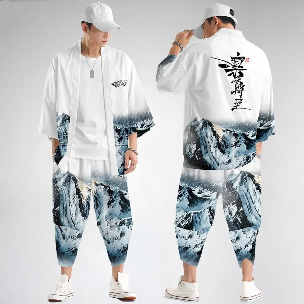 Japanese-themed Glaciar Mountains Two-Piece Kimono Yukata Top & Pants ...