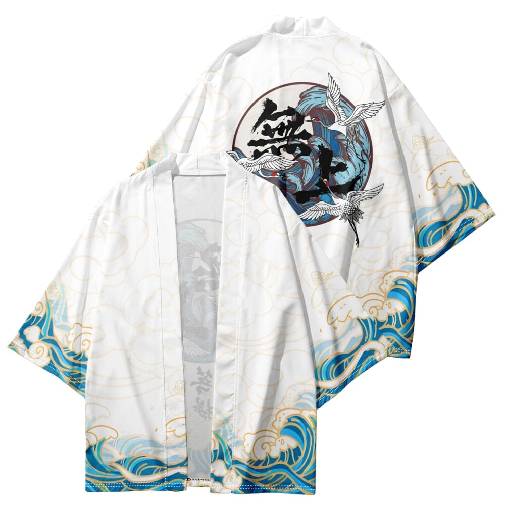 Japanese-themed Three Crane Waves White Unisex Kimono – Kawaiies