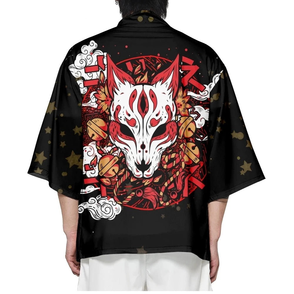 Japanese-themed White Fox Mask Print Unisex Kimono – Kawaiies