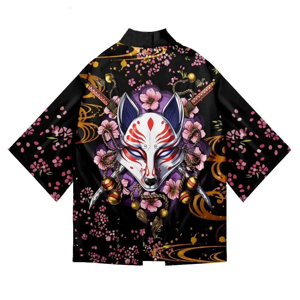 Japanese-themed White Fox Mask Sakura Unisex Kimono – Kawaiies