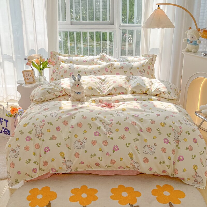 Kawaii Dreamy Floral Bunny 120gsm Polyester Bedding Set Collection ...