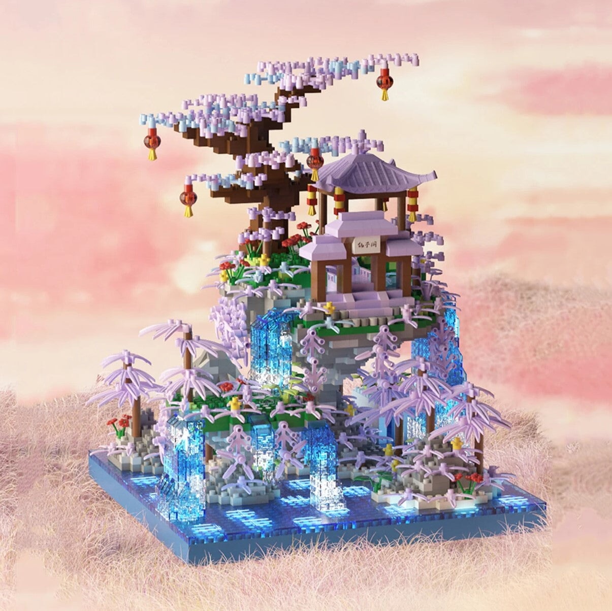 Purple Sakura Floating Pavilion Waterfall Island Nano Building Set ...