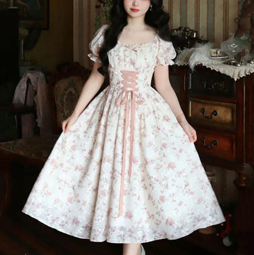 White Pink Cottage Lace Milkmaid Dress – Kawaiies