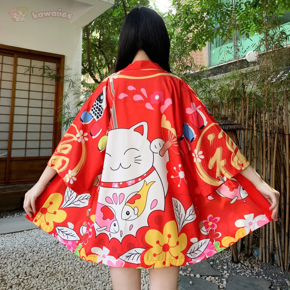 Japanese-themed Red Black Lucky Cat Kimono – Kawaiies