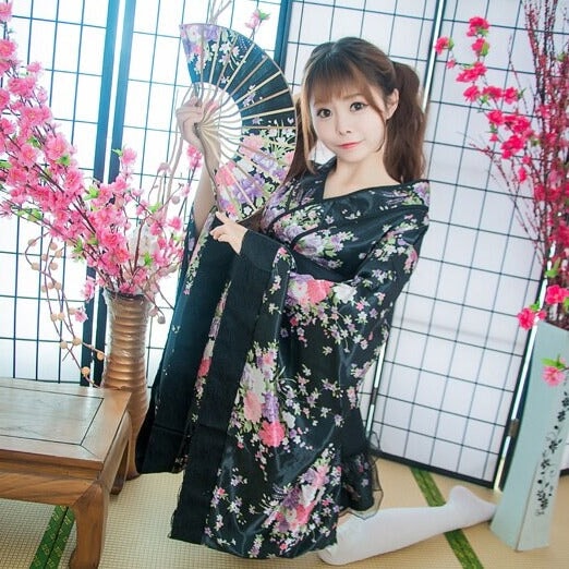 Black Red Japanese Kimono Floral Pattern Short Robe – Kawaiies