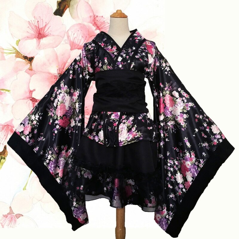 Black Red Japanese Kimono Floral Pattern Short Robe – Kawaiies