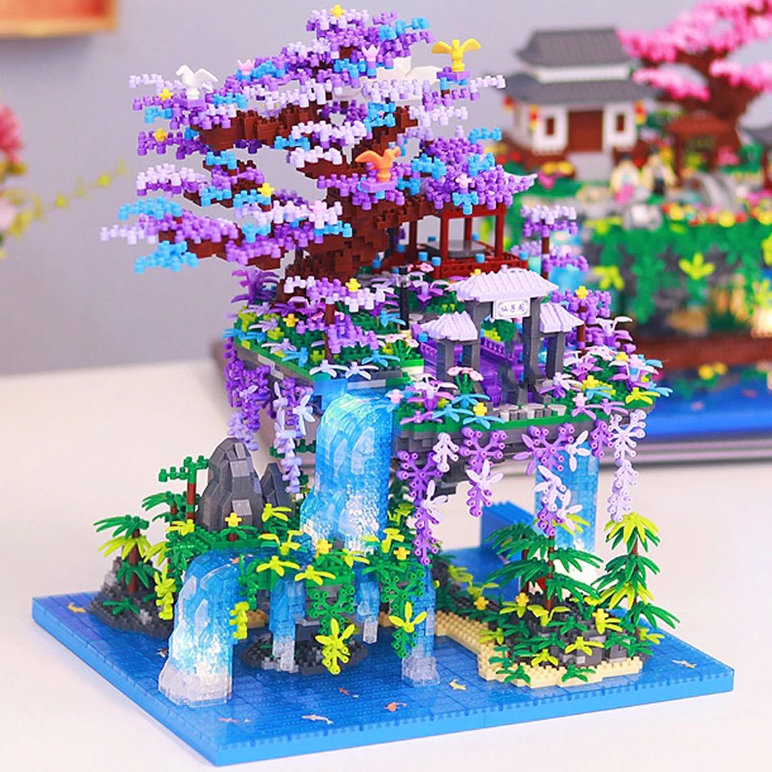 Japanese Purple Sakura Tree Temple Waterfall Nano Building Blocks - Li ...