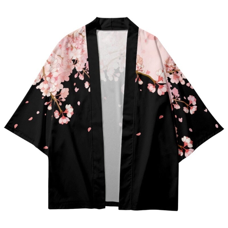 Pink Sakura Flowers Print Unisex Black Kimono – Kawaiies