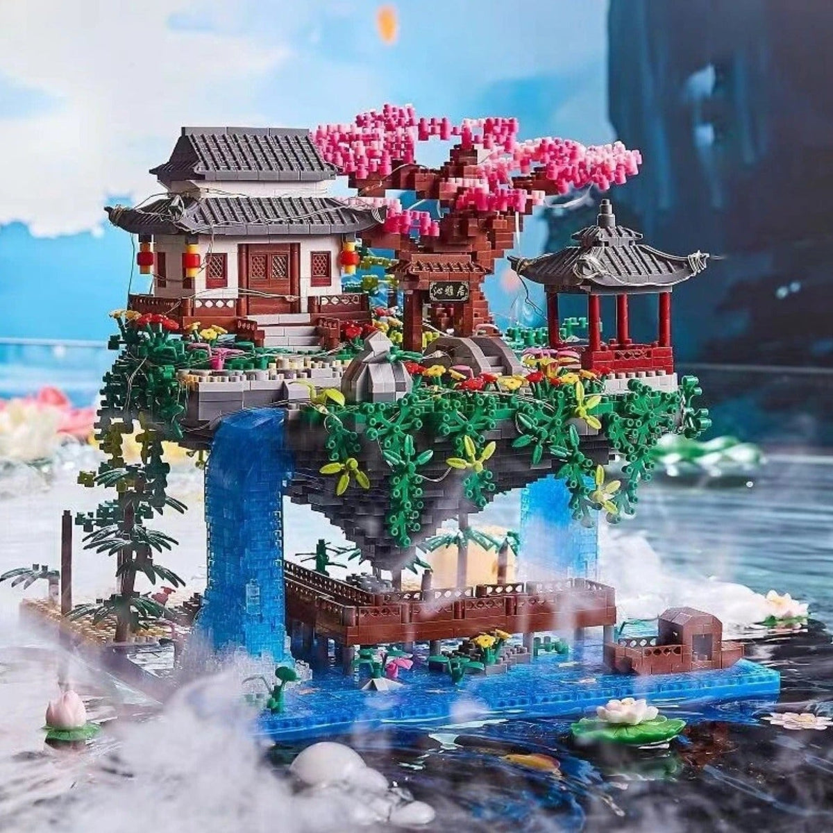Waterfall Japanese House Sakura Tree Floating Island Nano Building Blo ...