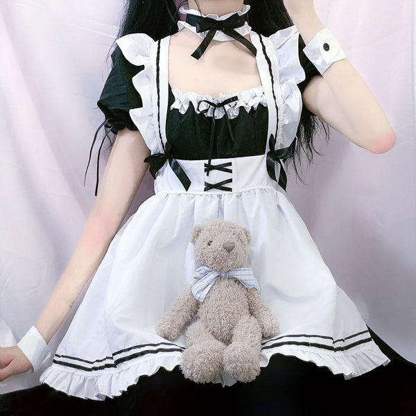 White Black Striped Lolita Maid Cosplay Women's Dress – Kawaiies