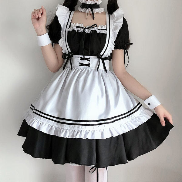White Black Striped Lolita Maid Cosplay Women's Dress – Kawaiies